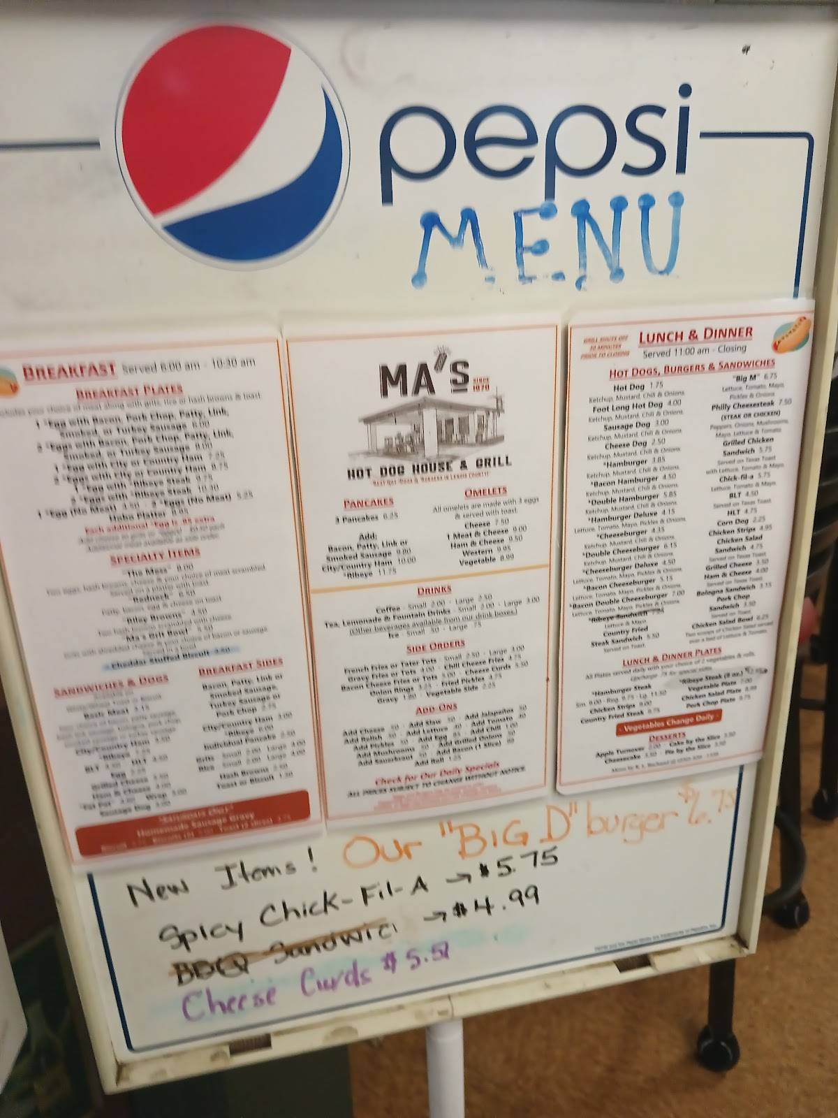 Menu at Ma's Hot Dog House restaurant, Kinston, 2515 US-258