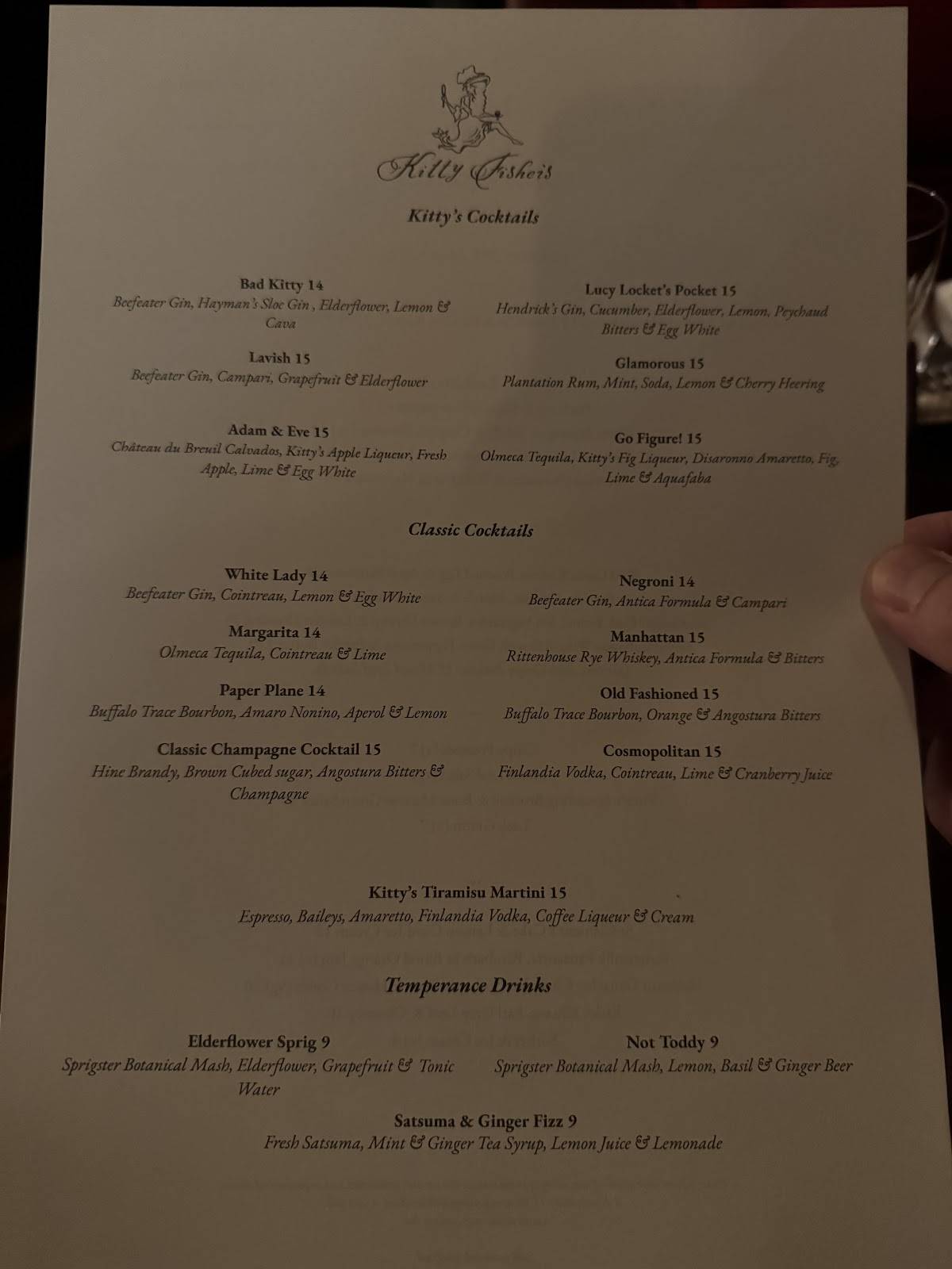 Menu at Kitty Fisher's Mayfair restaurant, London