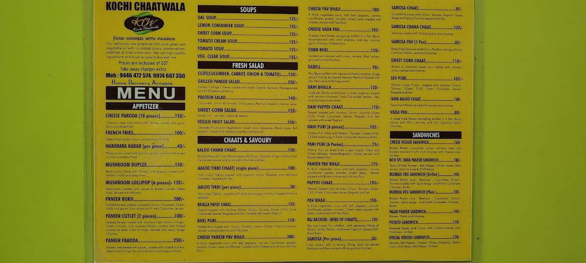Menu at Kochi Chaatwala, Kochi