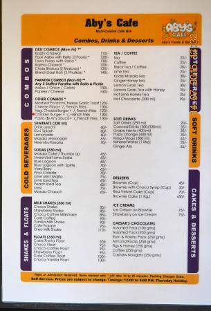 Menu at Aby's Cafe, Kodaikanal