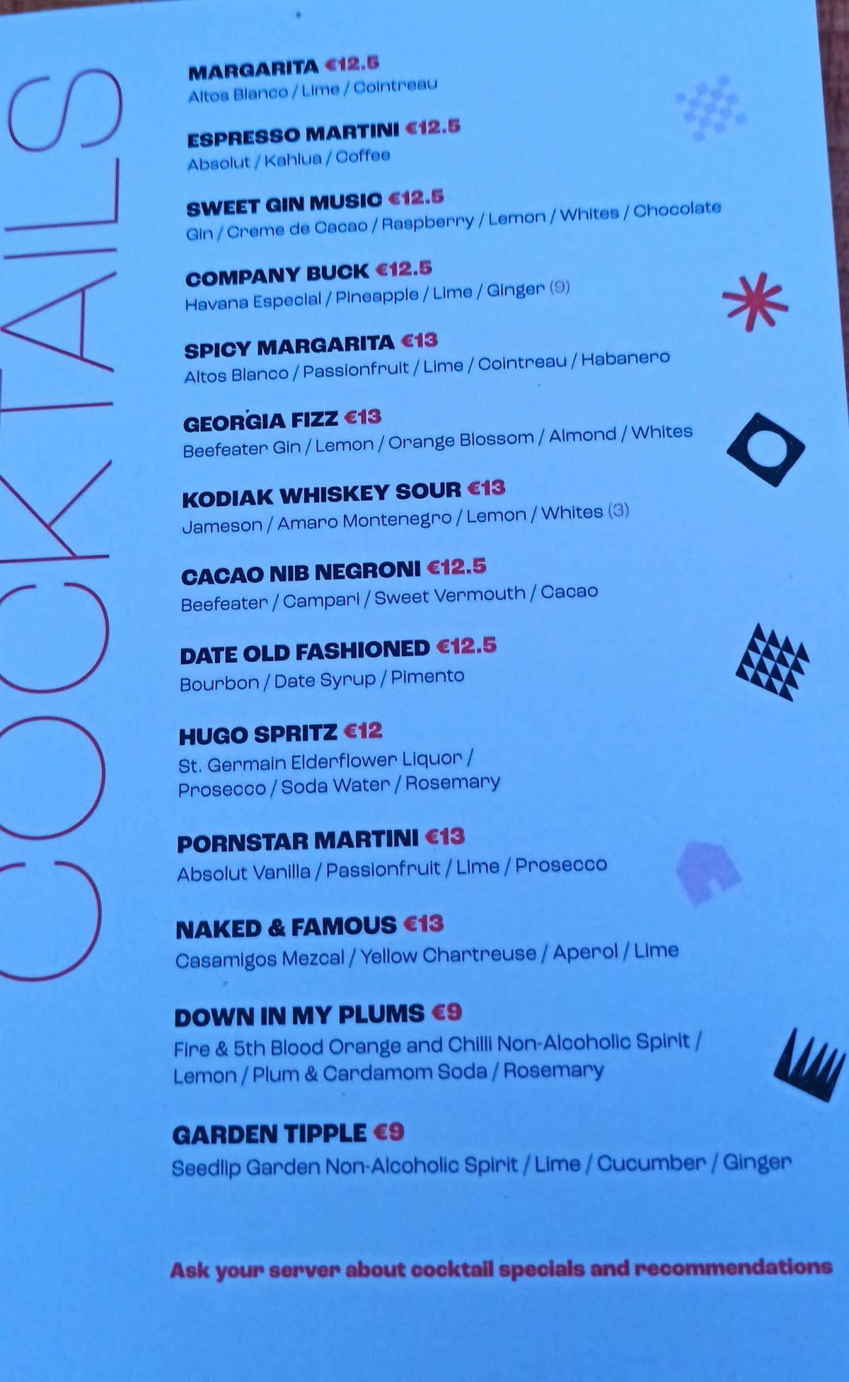 Menu at Kodiak, Rathmines pub & bar, Dublin