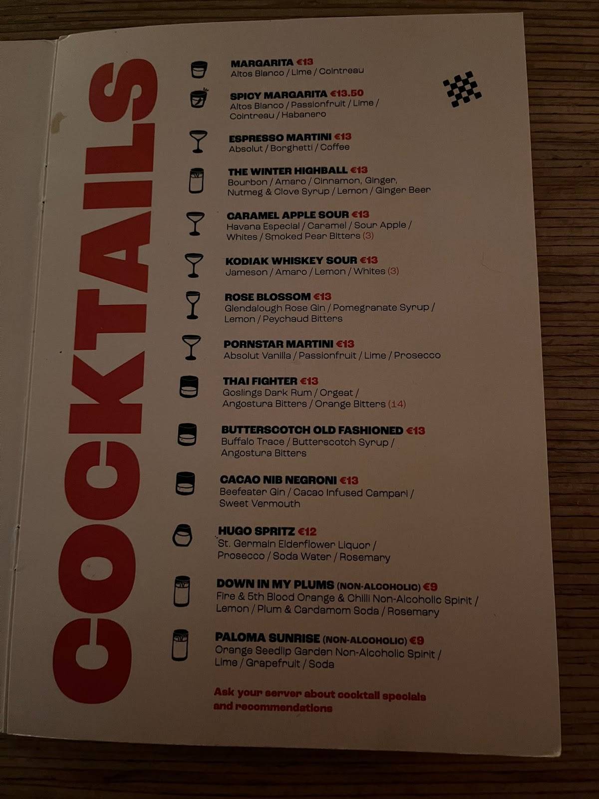 Menu at Kodiak, Rathmines pub & bar, Dublin