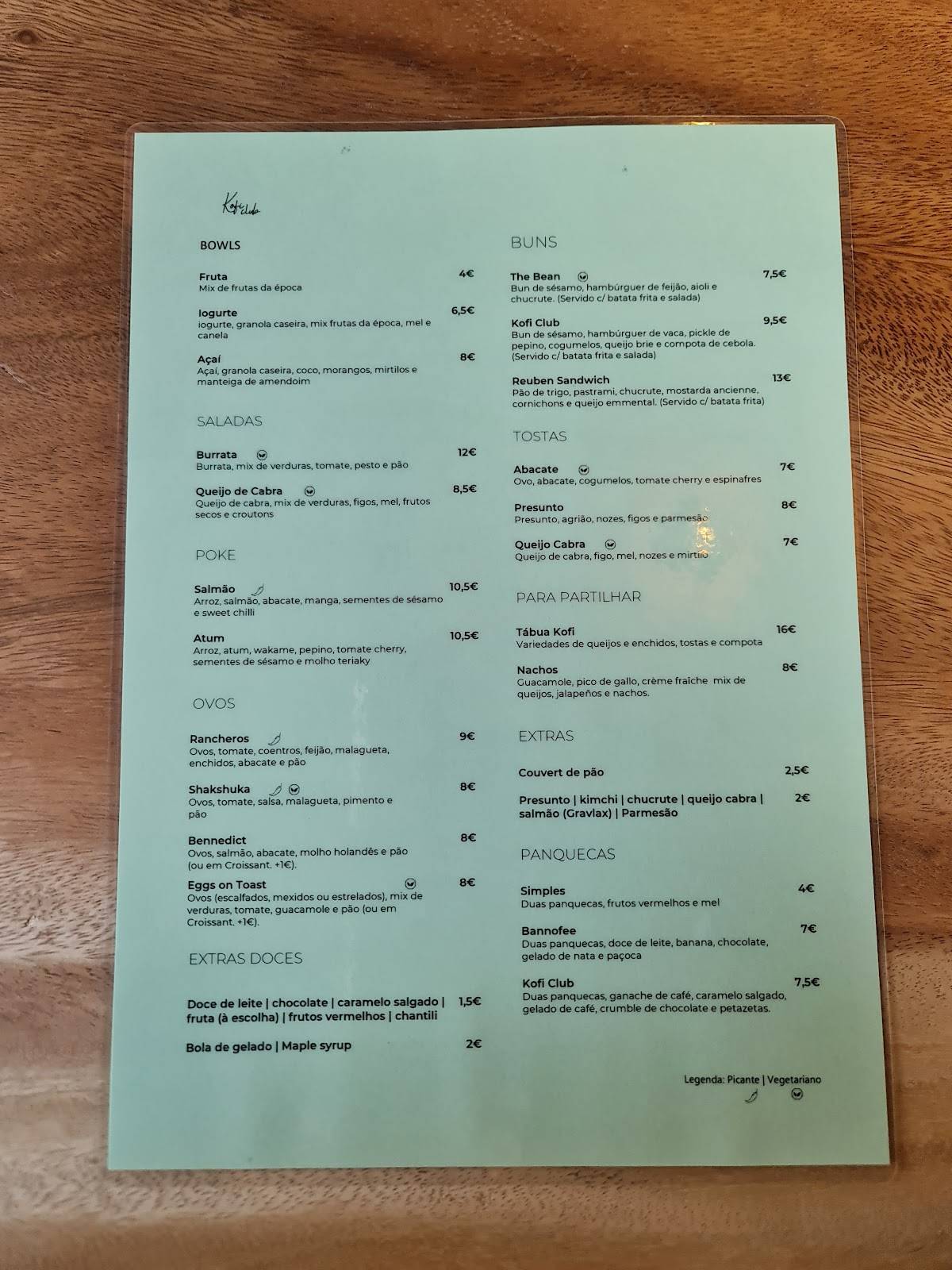 Menu em Kofi Club, Porto