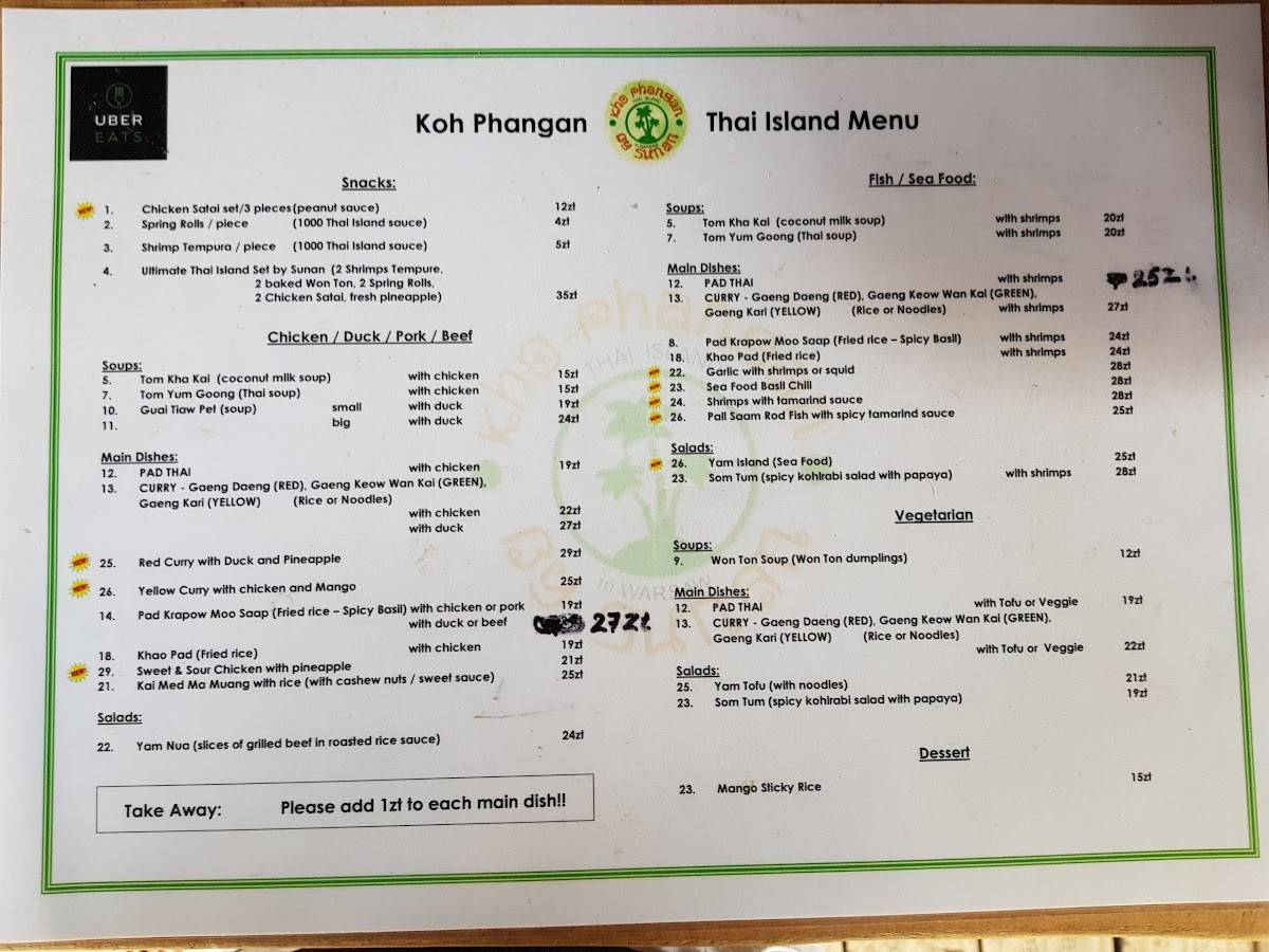 Carta del restaurante Koh Phangan, Varsovia