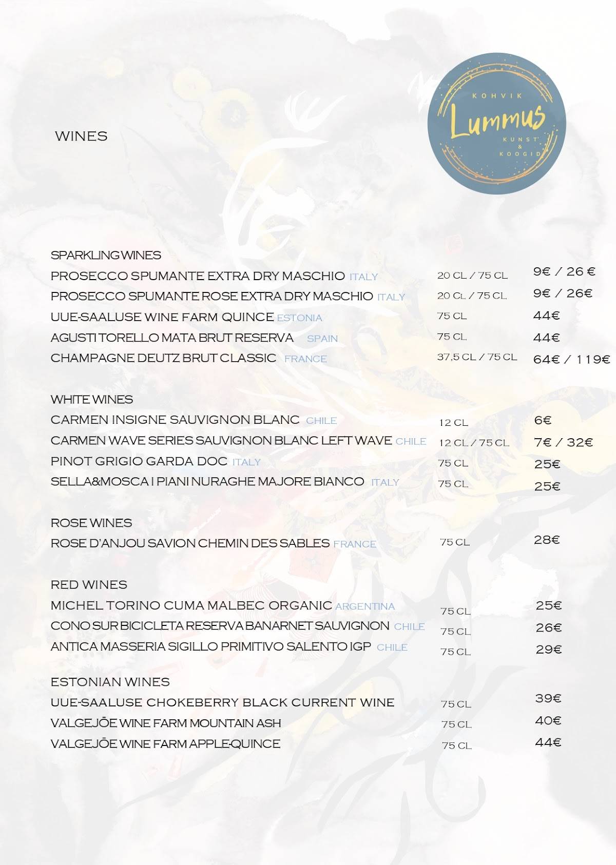 Menu au Kohvik Lummus café, Tallinn
