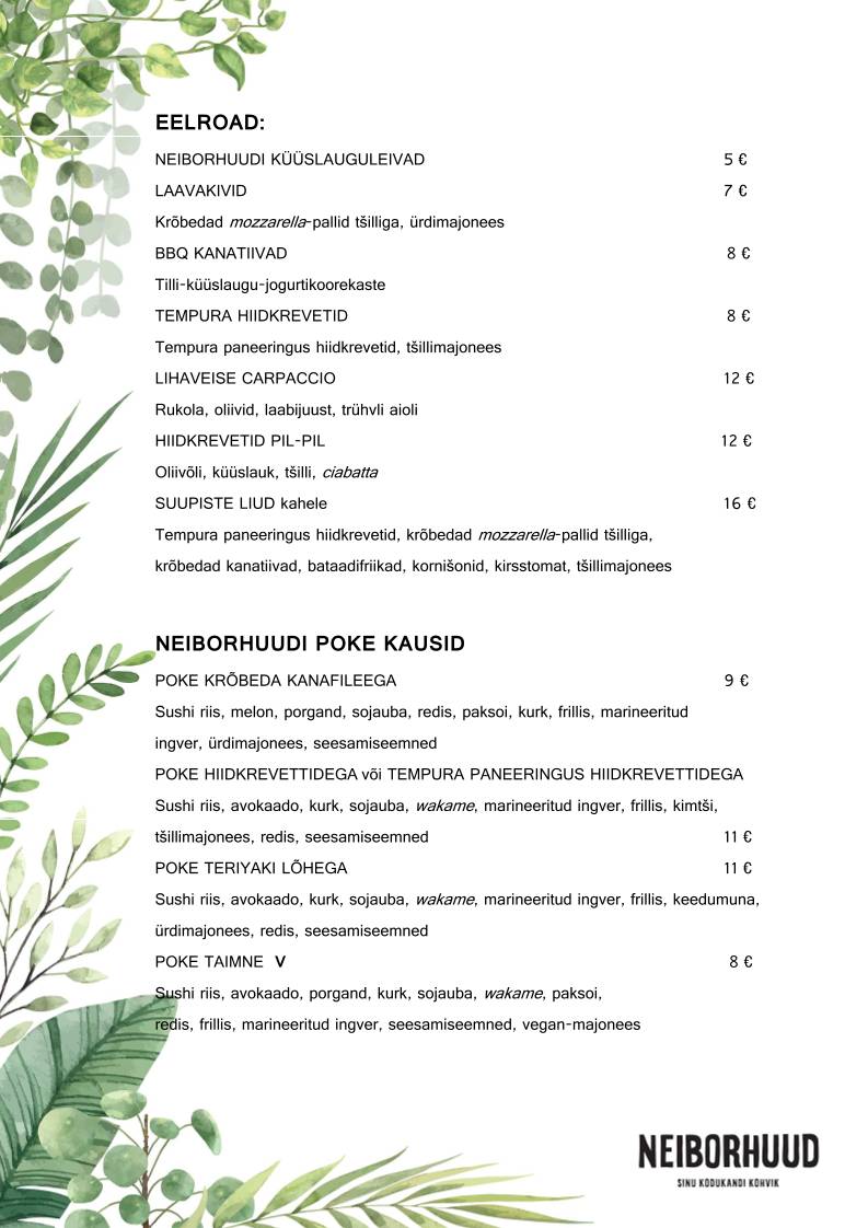 Menu at Kohvik Neiborhuud cafe, Tabasalu