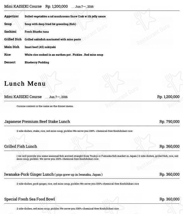 Menu at Kokoro Restaurant, Jakarta