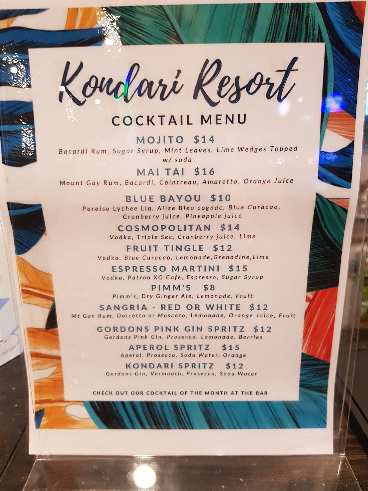 Menu at Kondari Hotel pub & bar, Urangan