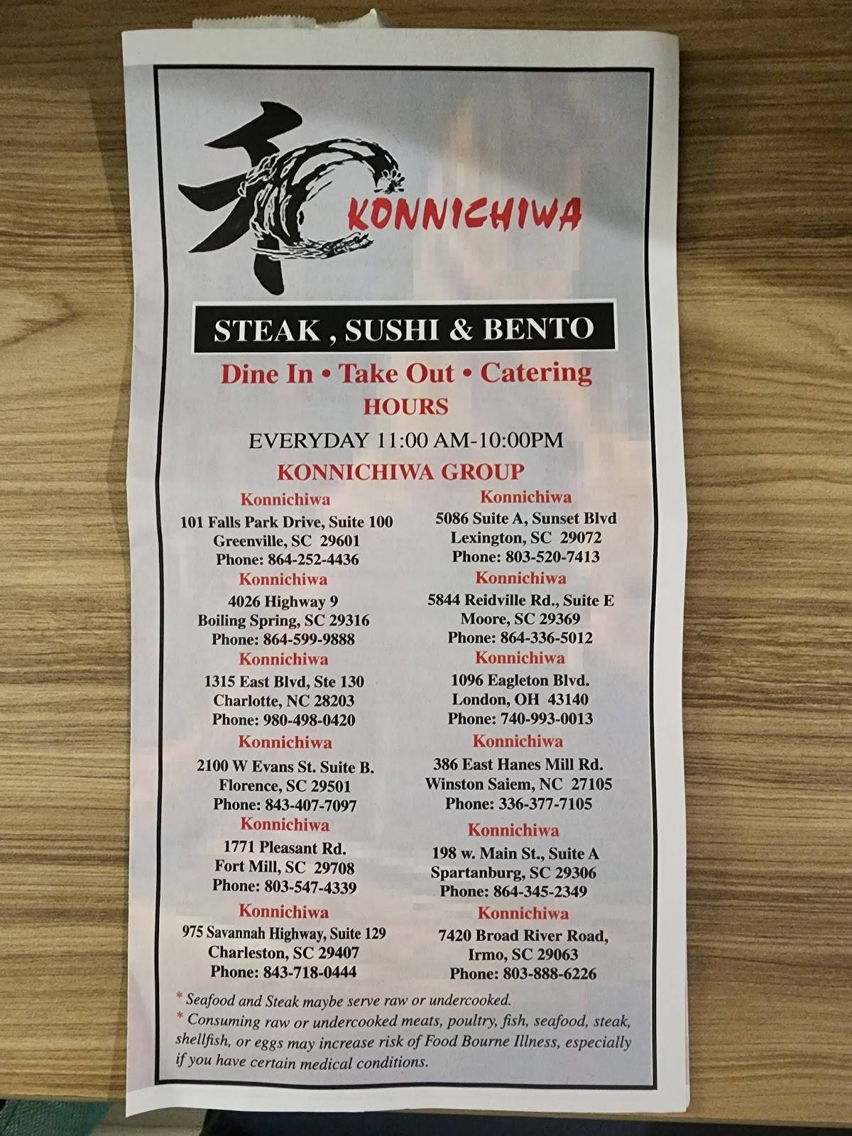 Menu At Konnichiwa Restaurant Florence