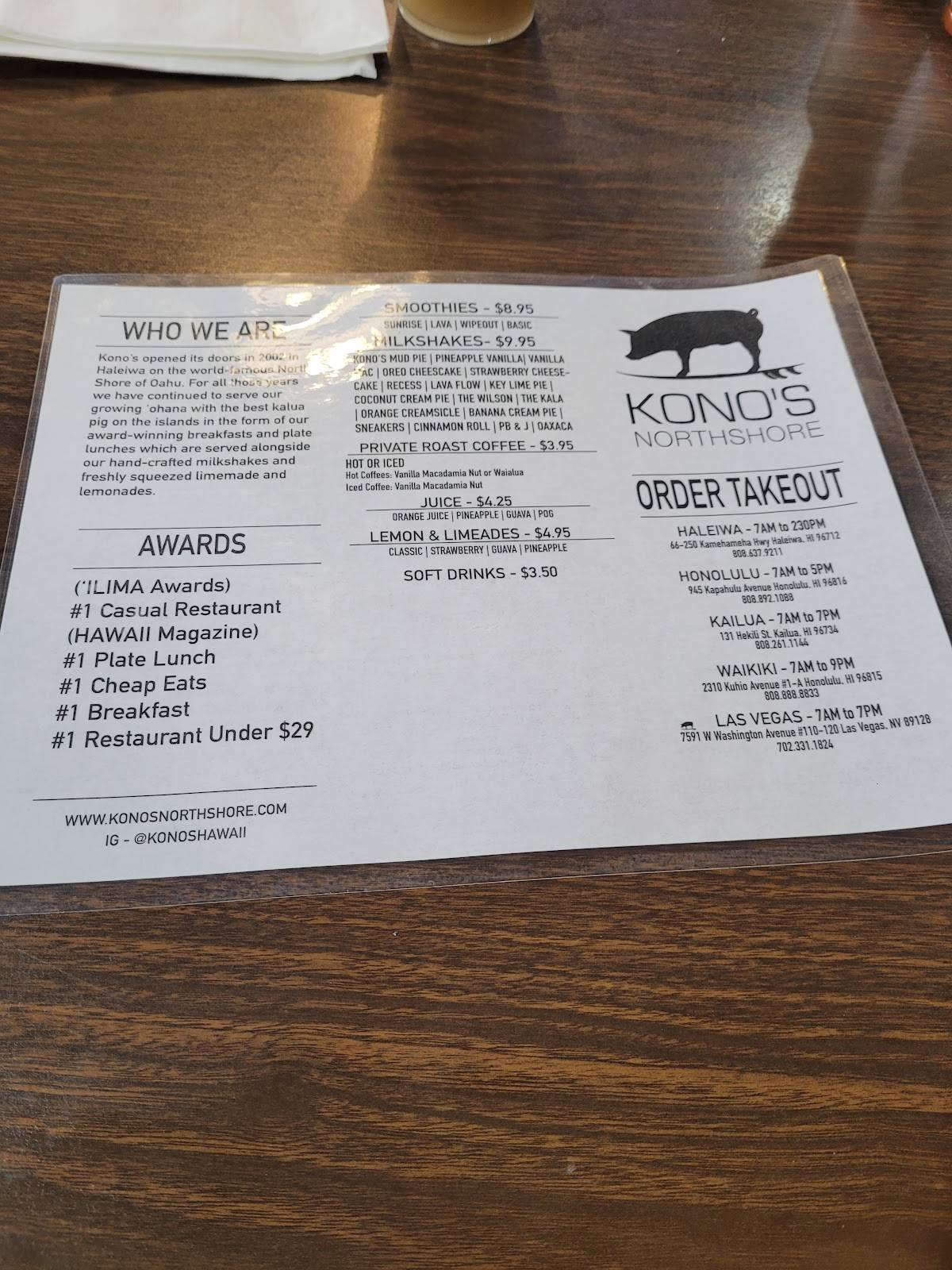 Carta del restaurante Kono's Northshore - Summerlin Pkwy, Las Vegas, W ...
