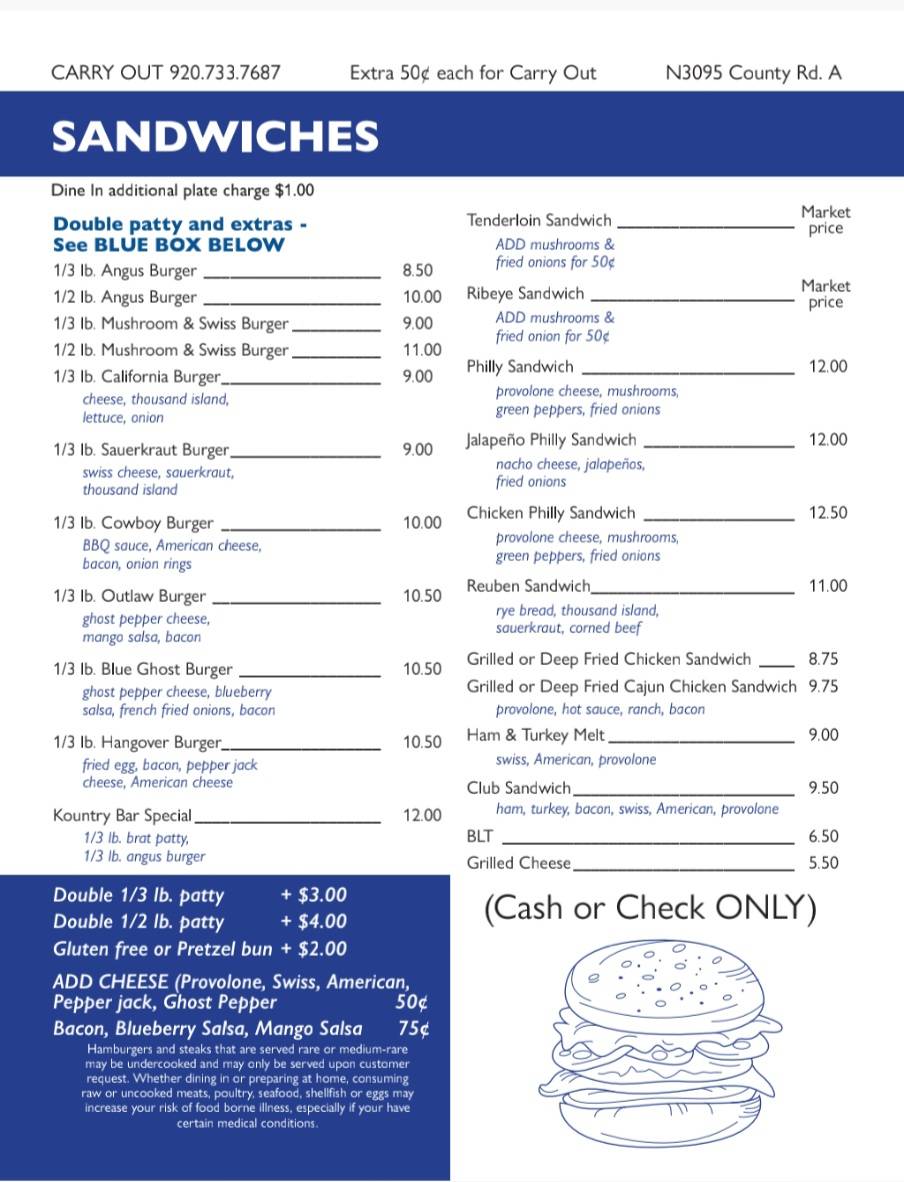Menu at Kountry Bar, Appleton, N3095 County Rd A