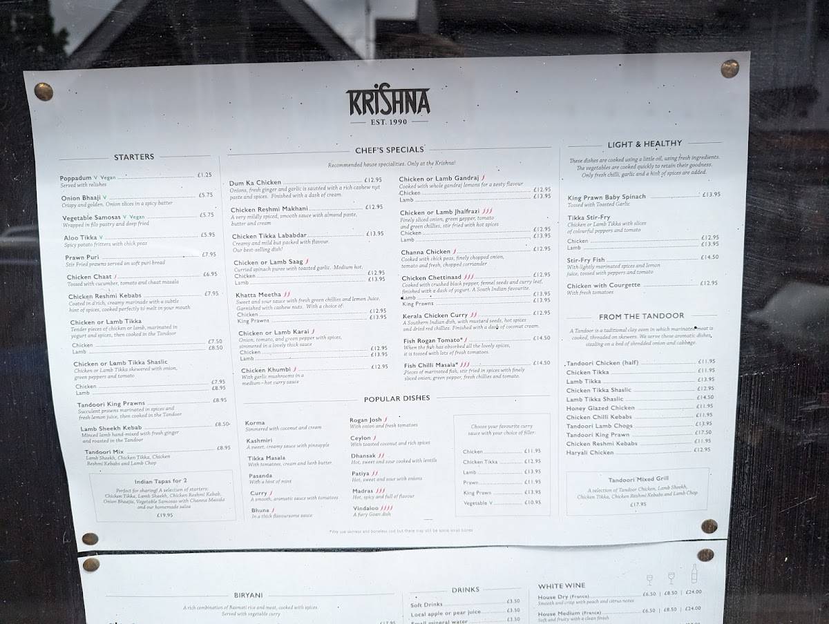 Menu at Krishna Indian Restaurant, Headcorn