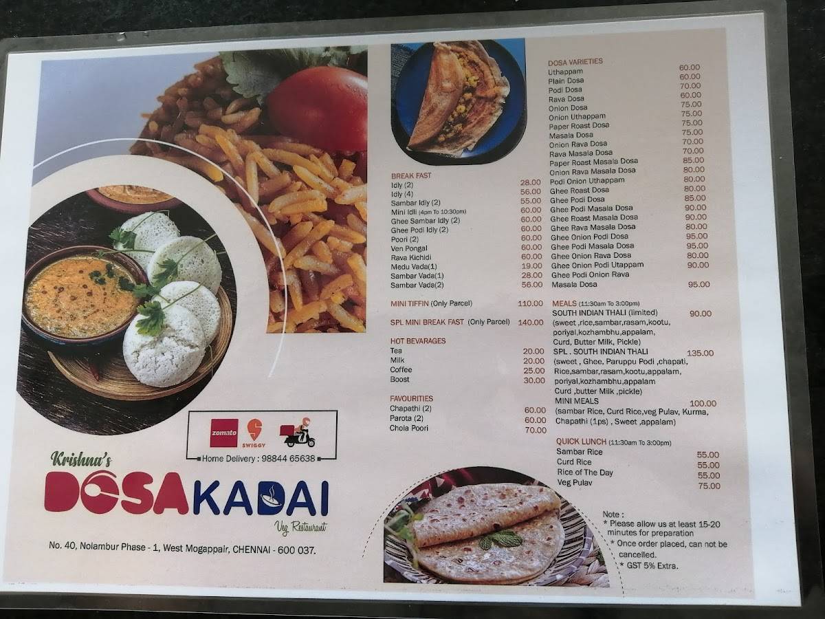Menu at Krishna's Dosa Kadai, Chennai, 40