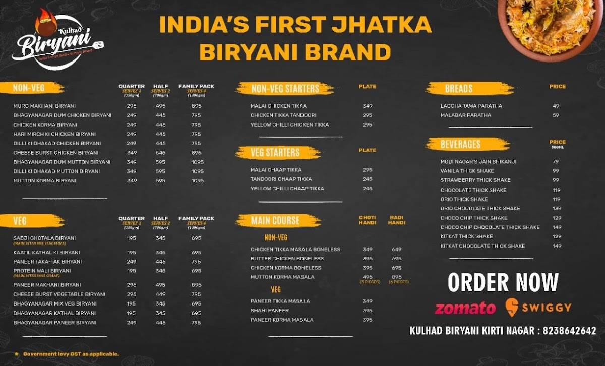 Menu at Kulhad Biryani, New Delhi