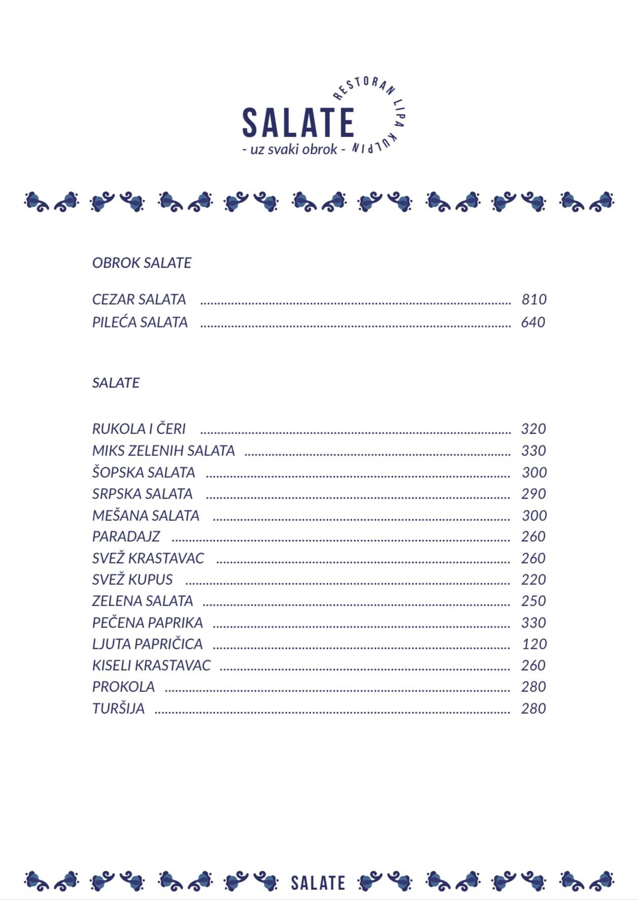 Menu at Restoran "Lipa" restaurant, Kulpin