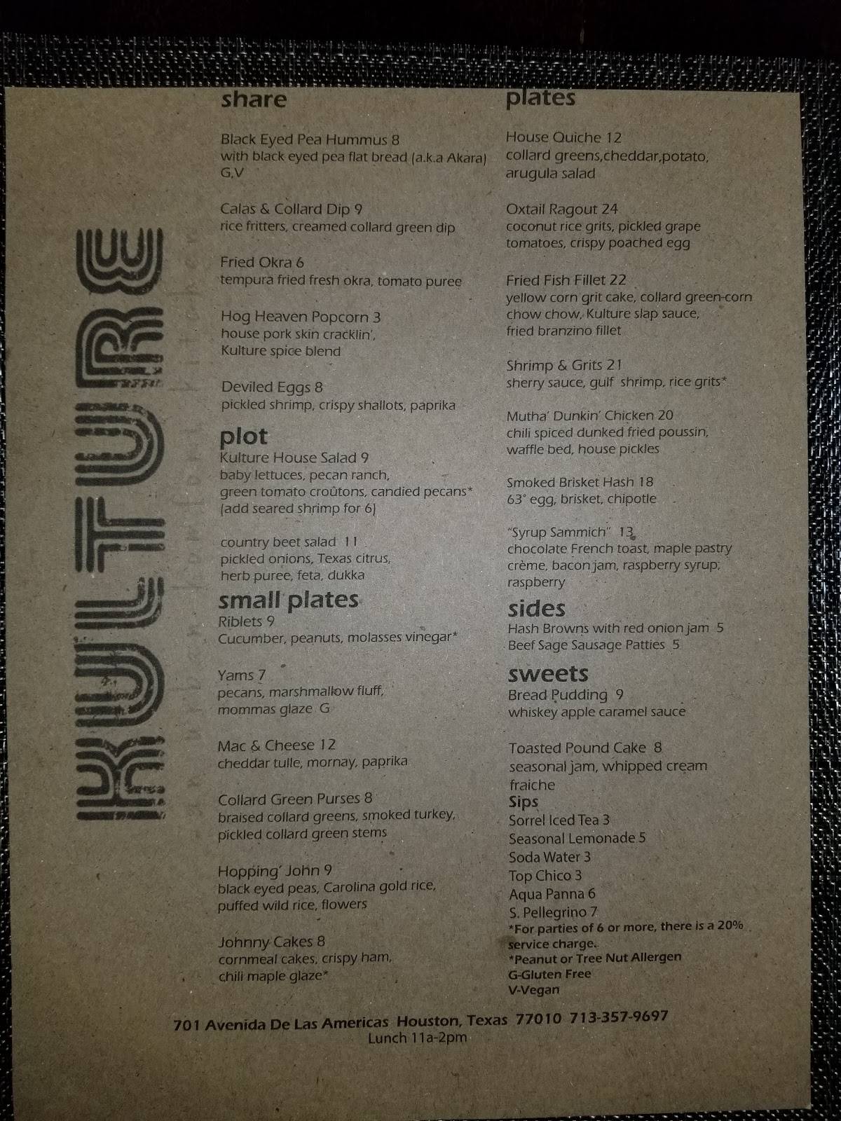 Menu at Kulture restaurant, Houston