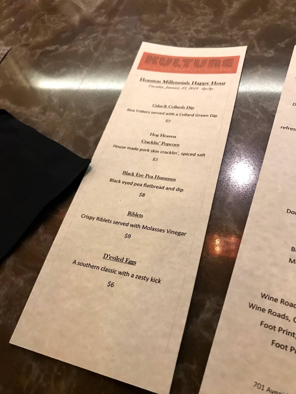 Menu at Kulture restaurant, Houston