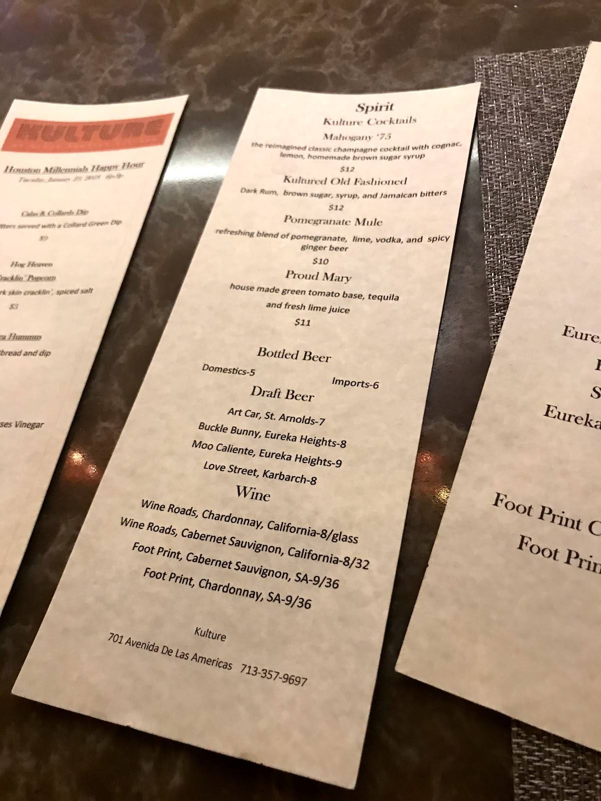 Menu at Kulture restaurant, Houston