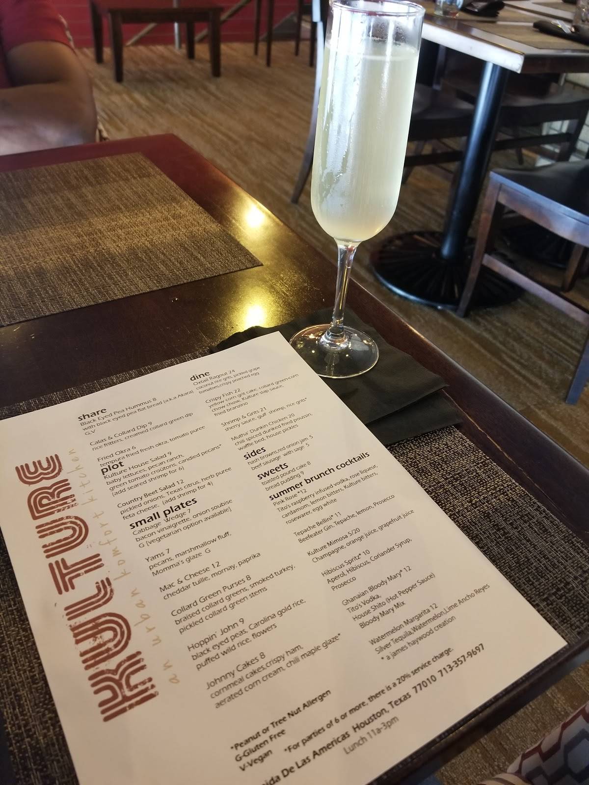 Menu at Kulture restaurant, Houston