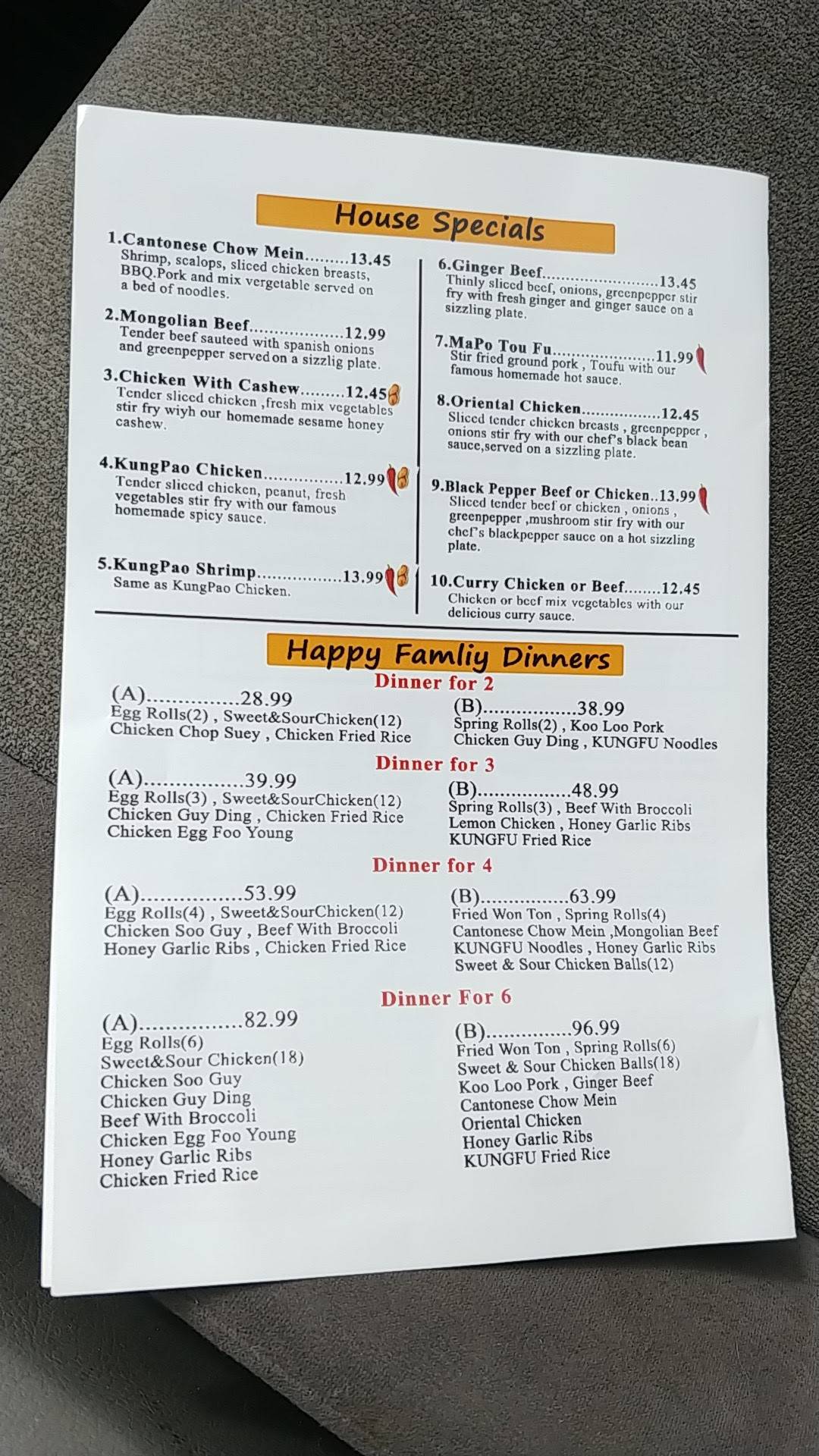 Menu at Kung Fu Chinese Restaurant, St. John's
