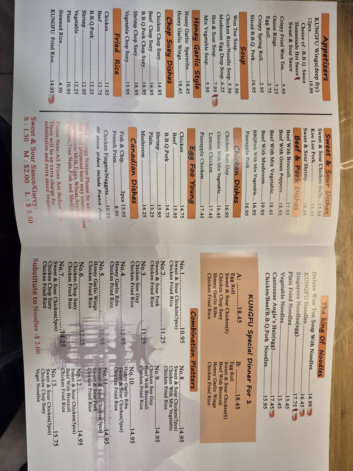 Menu at Kung Fu Chinese Restaurant, St. John's