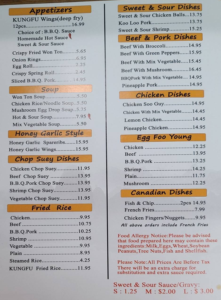 Menu at Kung Fu Chinese Restaurant, St. John's