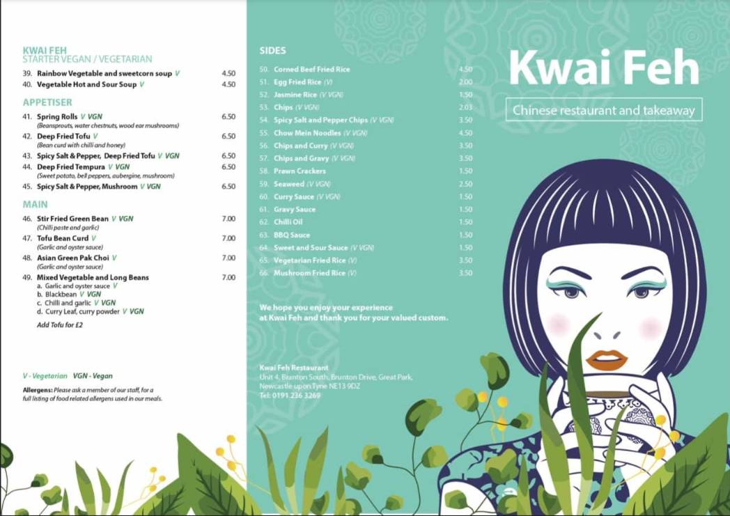 Menu at Kwai Feh restaurant, Newcastle upon Tyne, Branton South