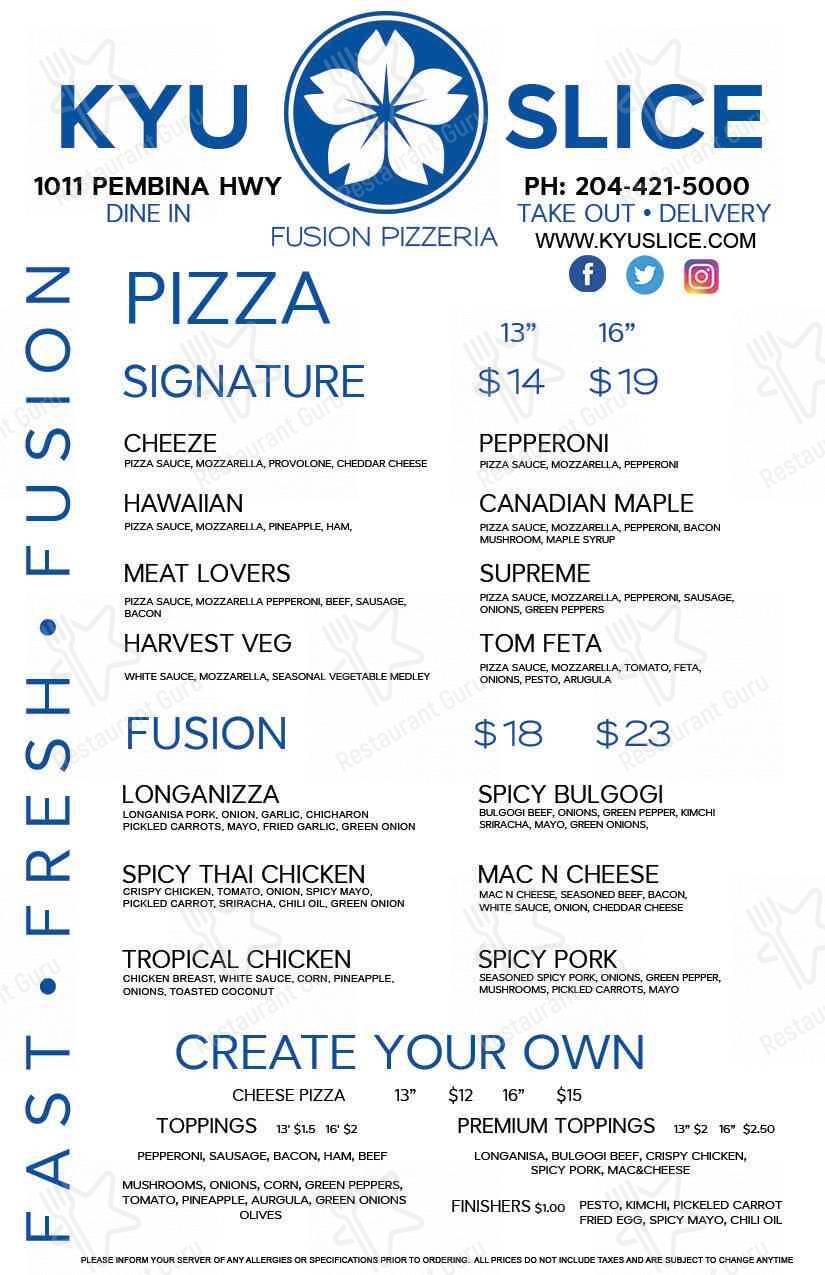 Menu at Kyu Slice pizzeria, Winnipeg