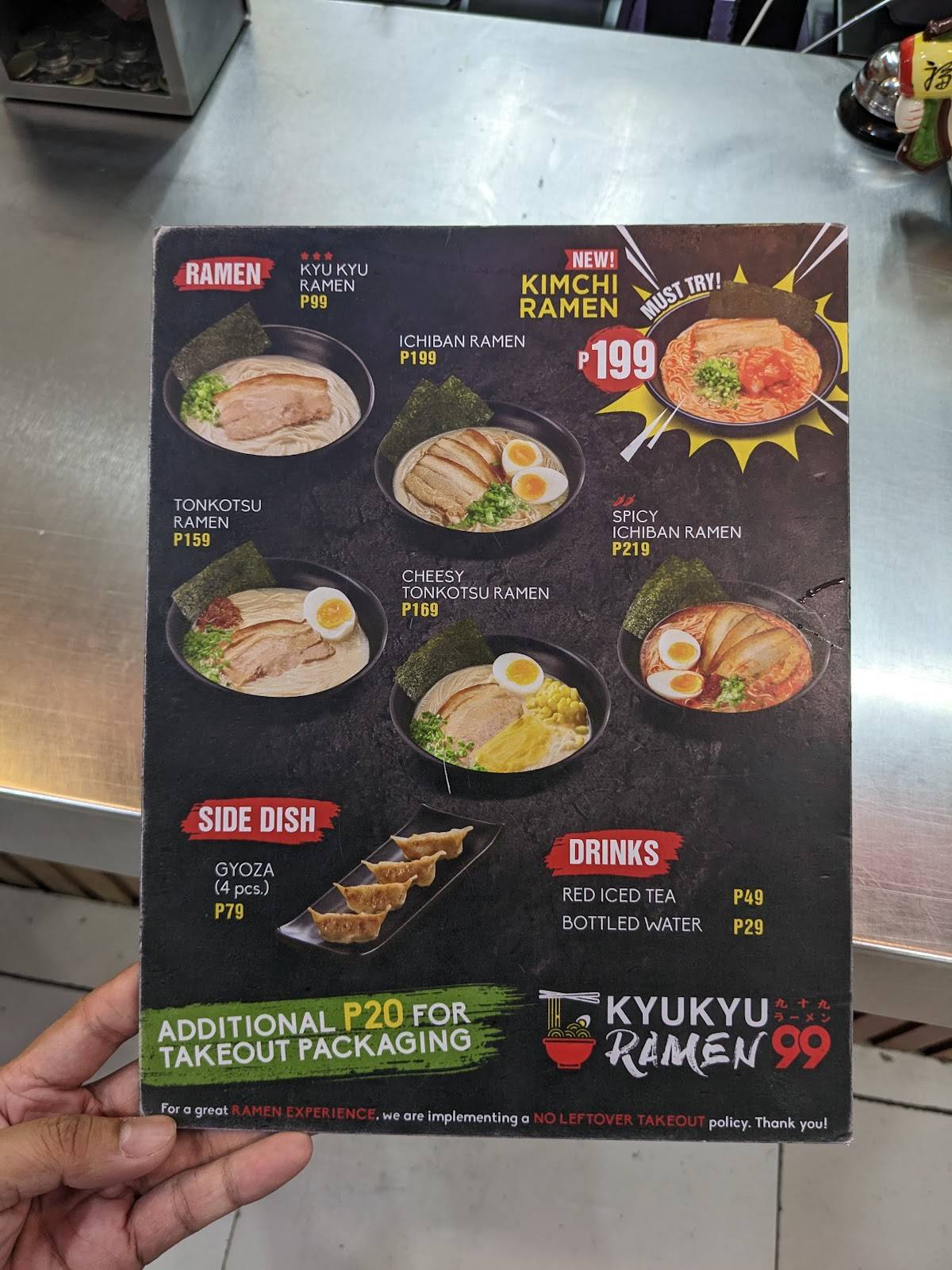 Menu at Kyukyu 99 Ramen restaurant, Manila