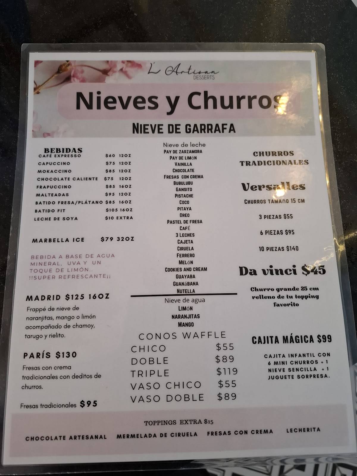 Carta del pub y bar L Artisan Nieves del garrafa y churros, Mazatlán
