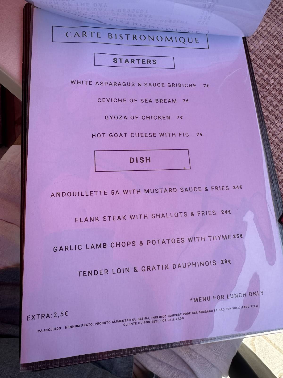 Menu at LA Villa restaurant, Quarteira