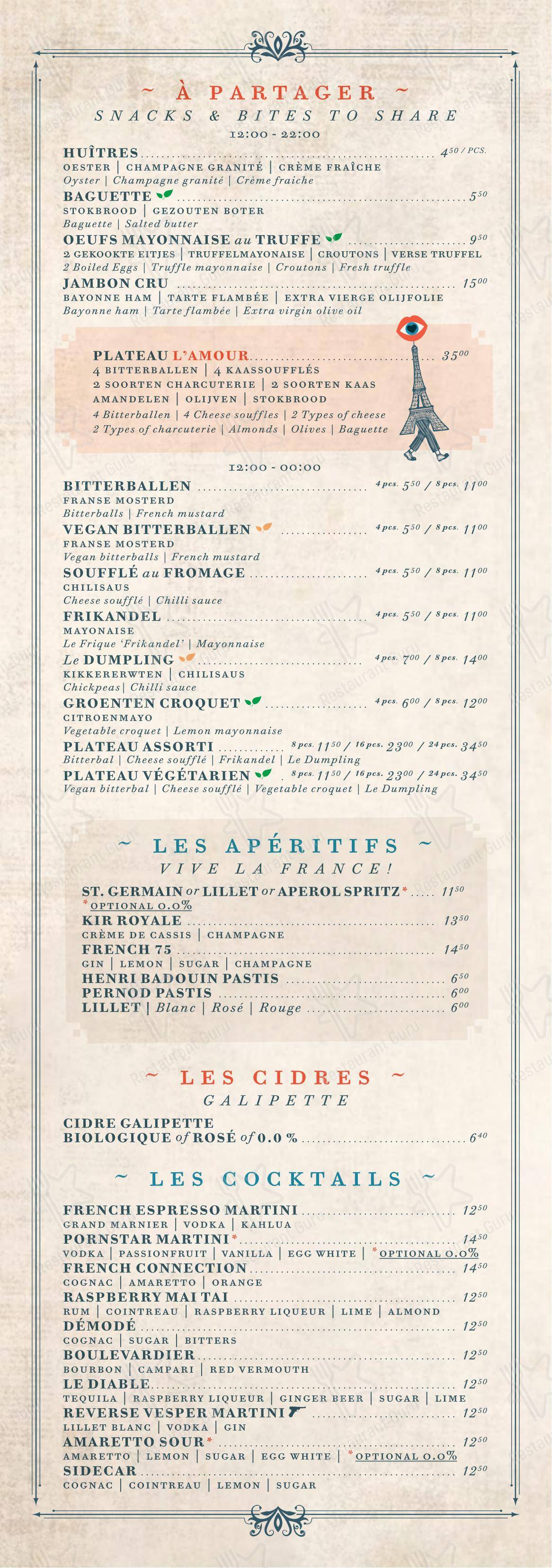 Menu au L'Amour Toujours restaurant, La Haye