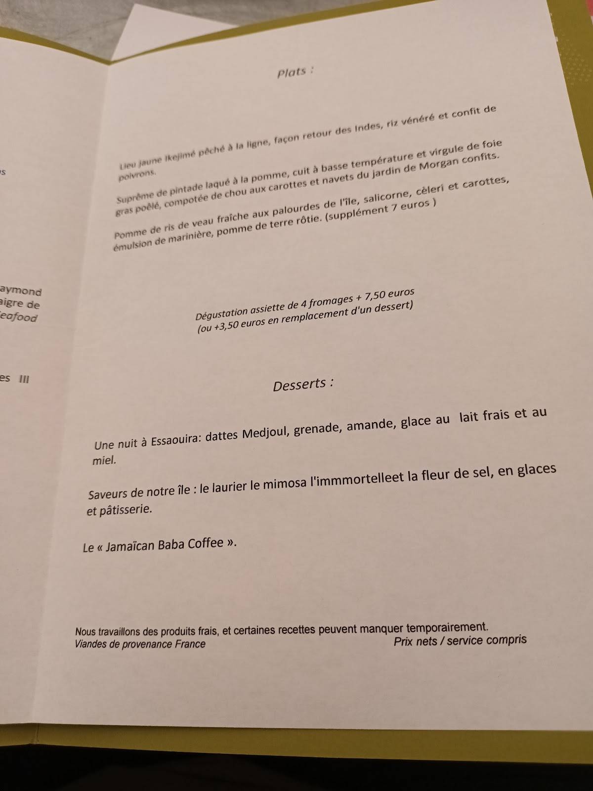 Menu au L'assiette au Jardin restaurant, Noirmoutier-en-l'Île