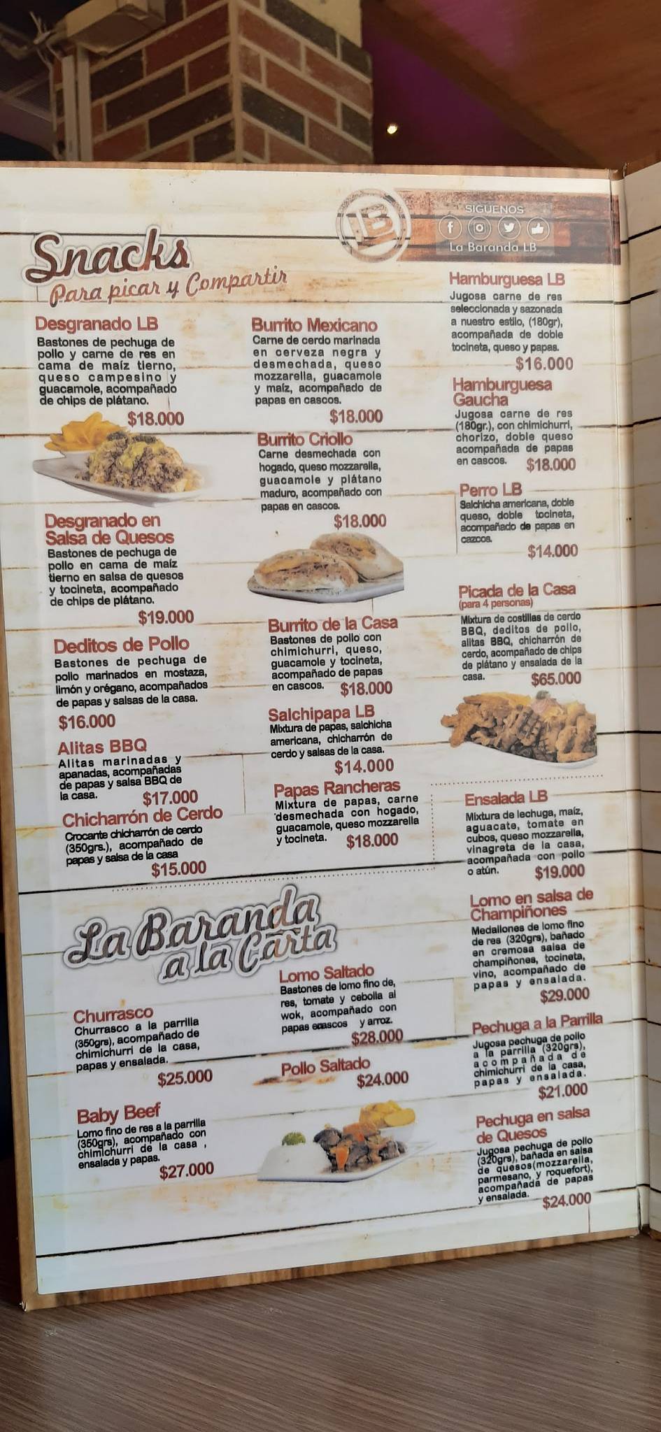 Carta de LB La Baranda Bar - Restaurante, Ibagué