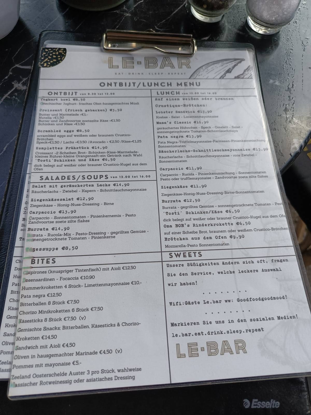Menu at LE•BAR, Zandvoort