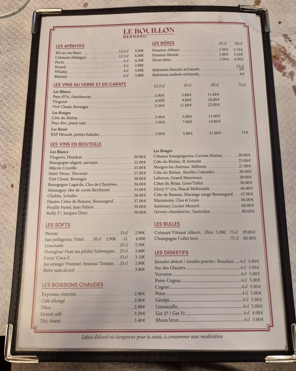 Menu au LE BOUILLON BERNARD restaurant, Chalon-sur-Saône