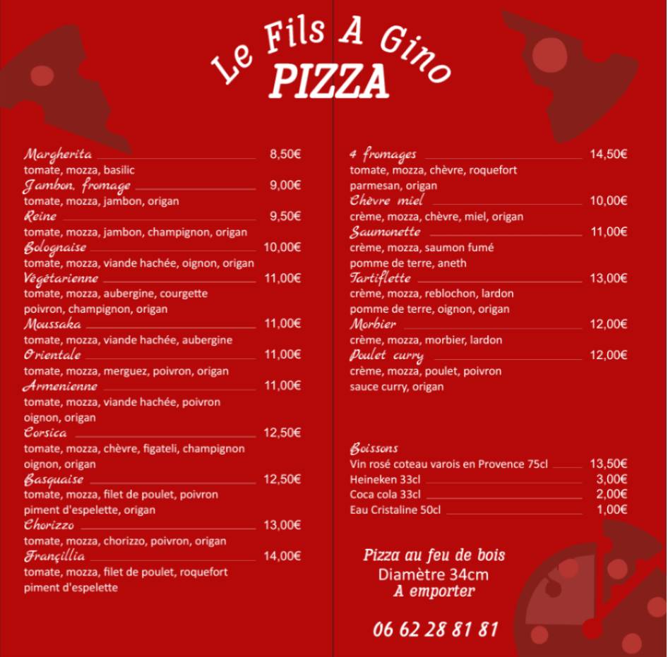 Menu au LE FILS A GINO pizzeria, La Garde