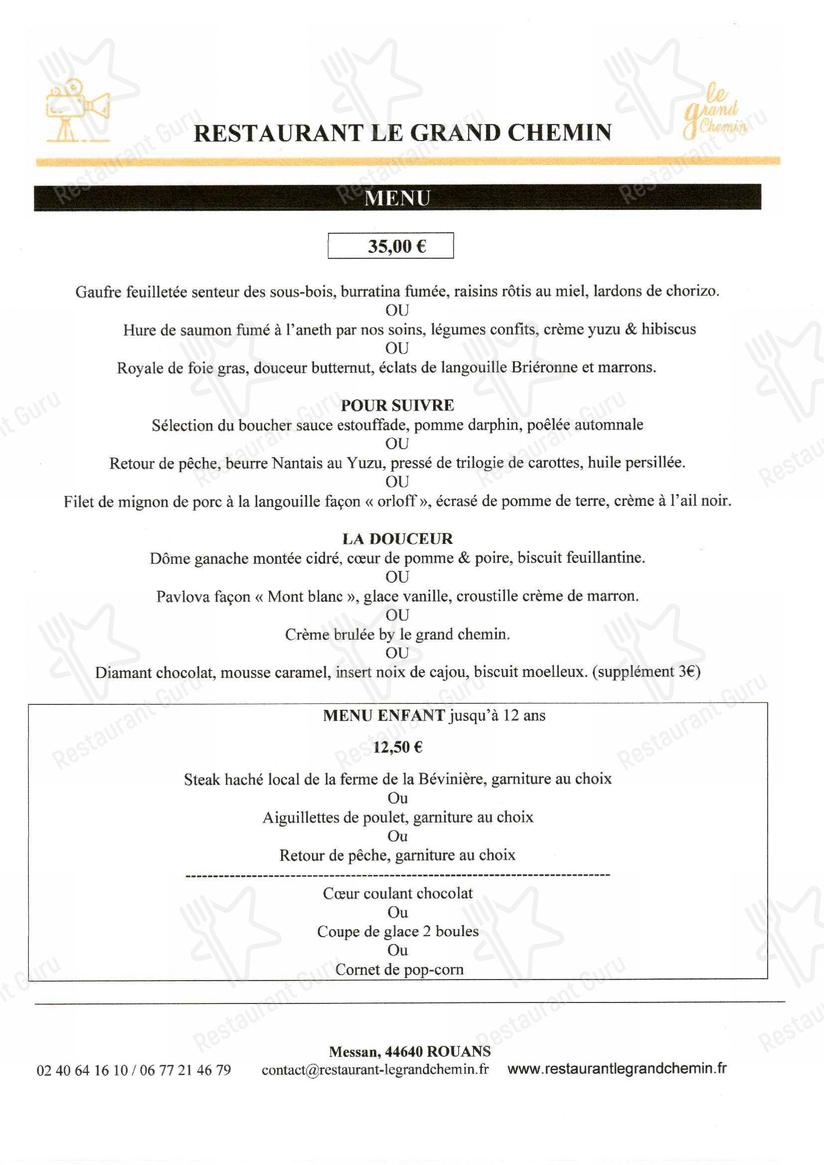 Menu au LE GRAND CHEMIN restaurant, Rouans