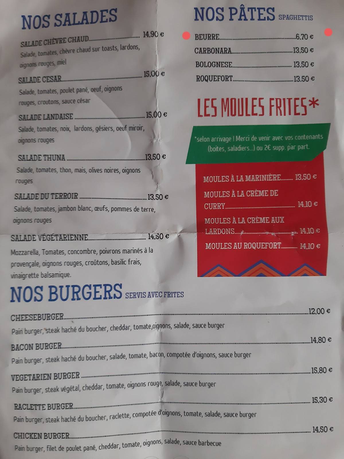 Menu au L'Escale des Dunes restaurant, Bretignolles-sur-Mer