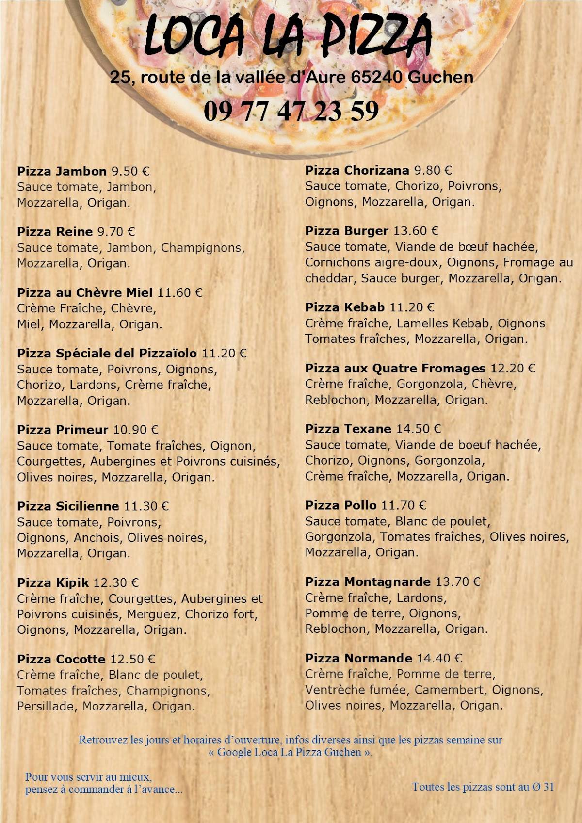 Menu au LOCA LA PIZZA pizzeria, Guchen