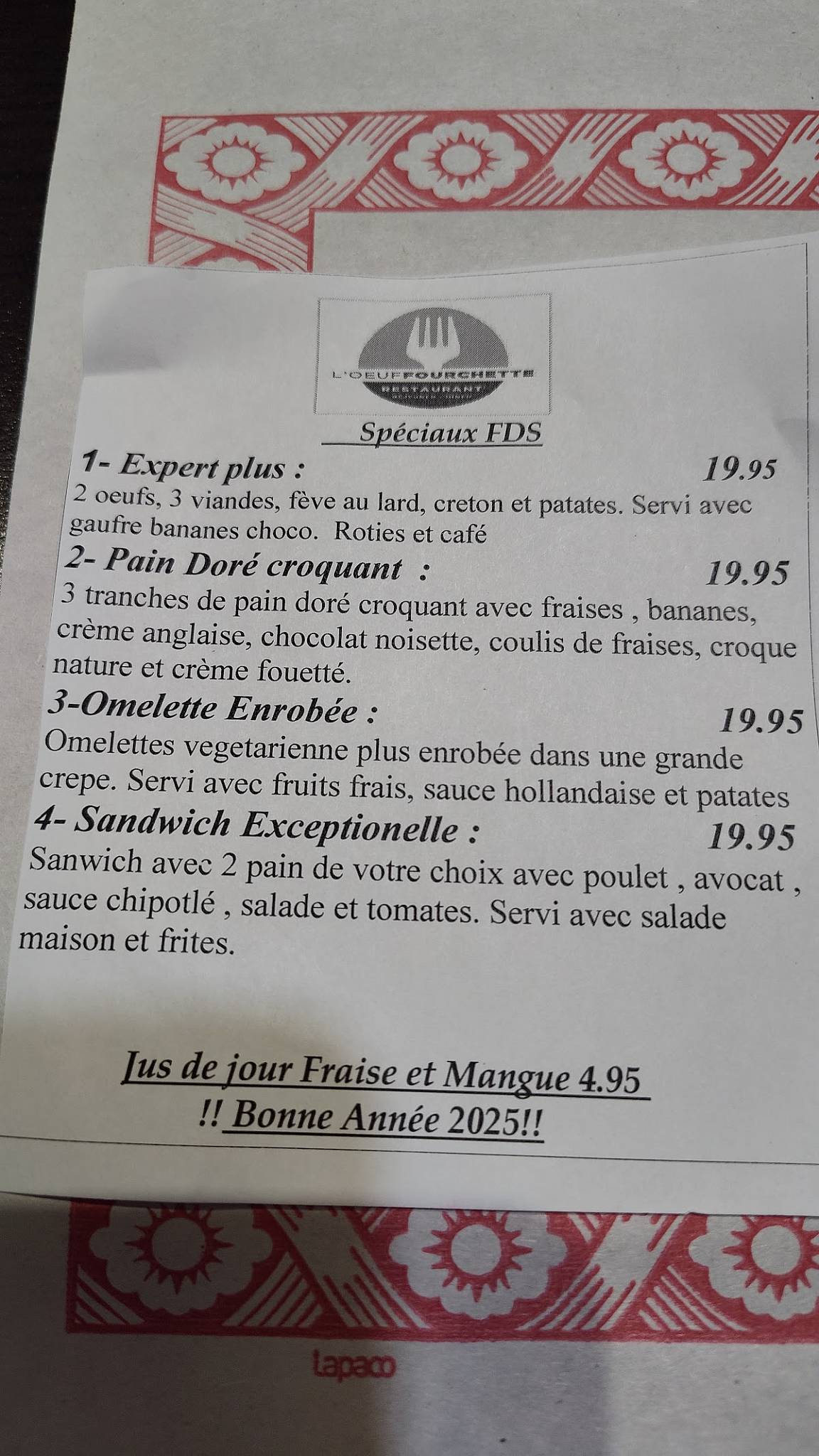 Menu au L'Oeuf Fourchette restaurant, Granby