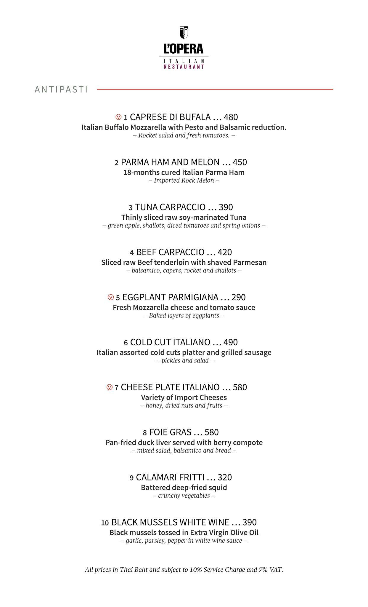 Menu at L'Opera pizzeria, Bangkok, Bangkok 10110