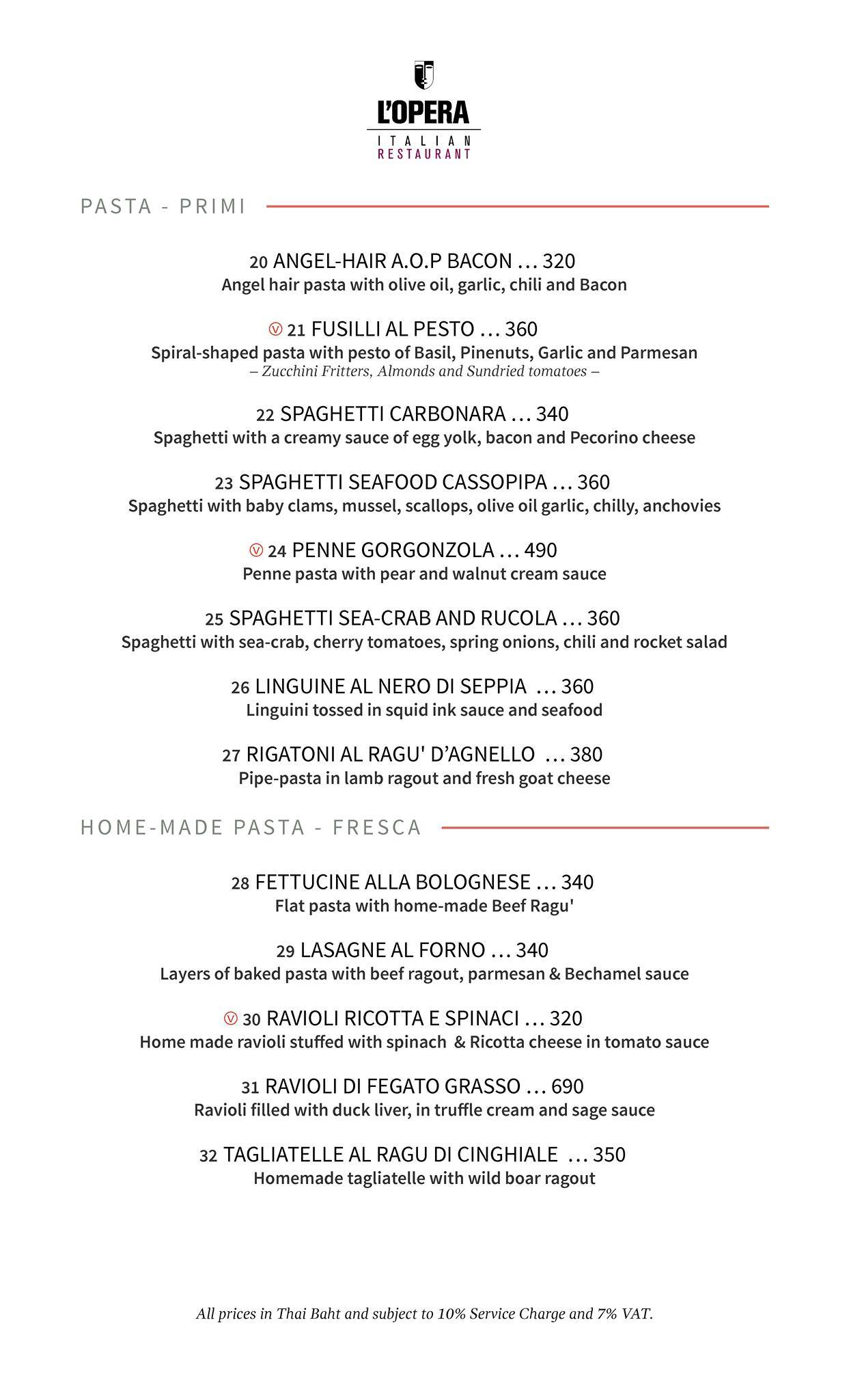 Menu at L'Opera pizzeria, Bangkok, Bangkok 10110