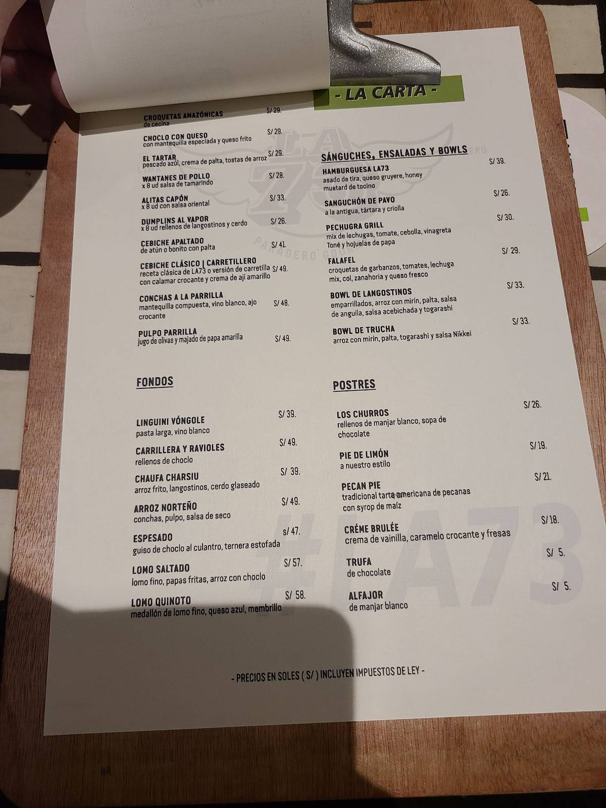 Carta del restaurante La 73, Barranco