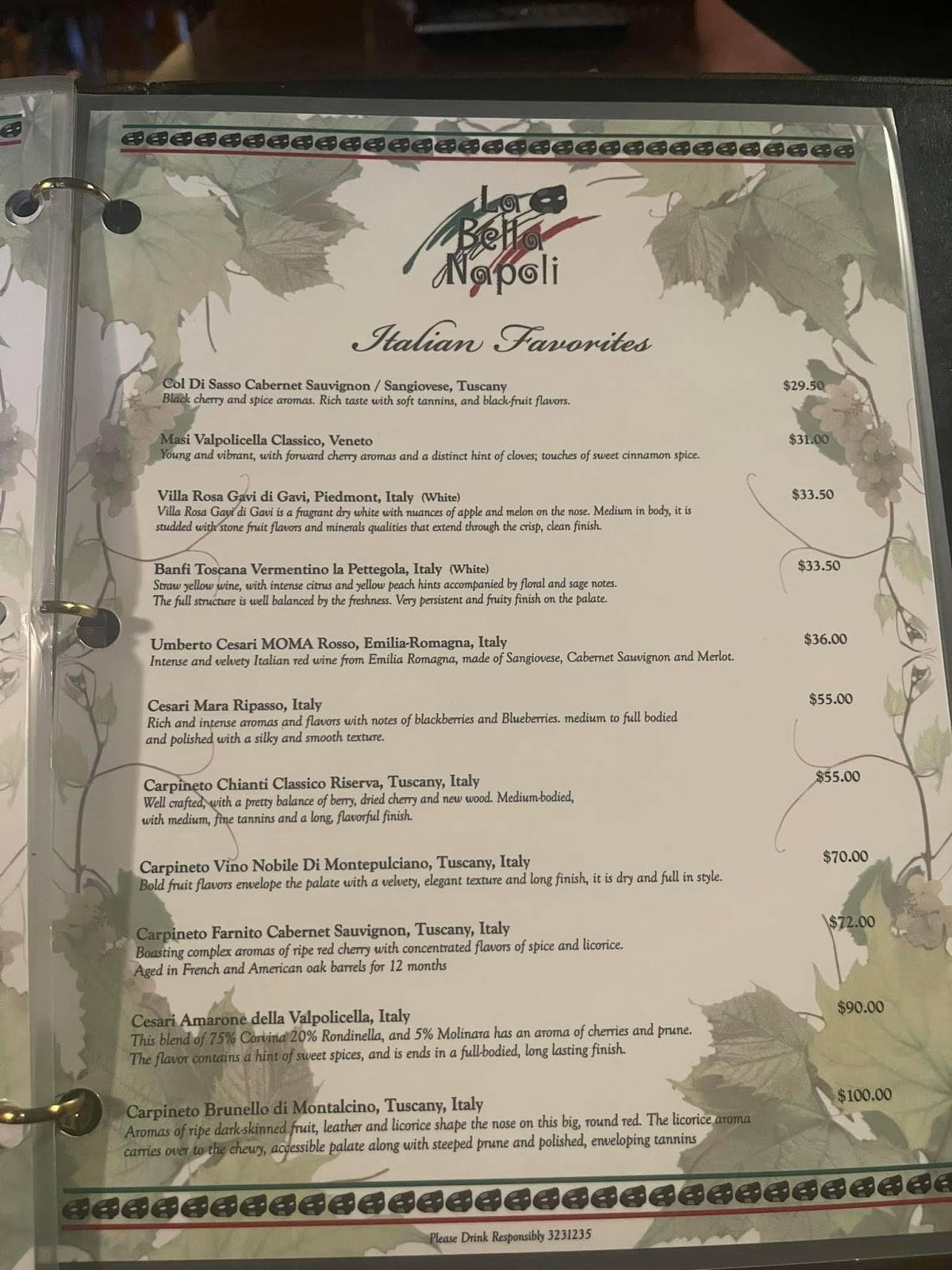 Menu at La Bella Napoli Restaurant, Spring Hill