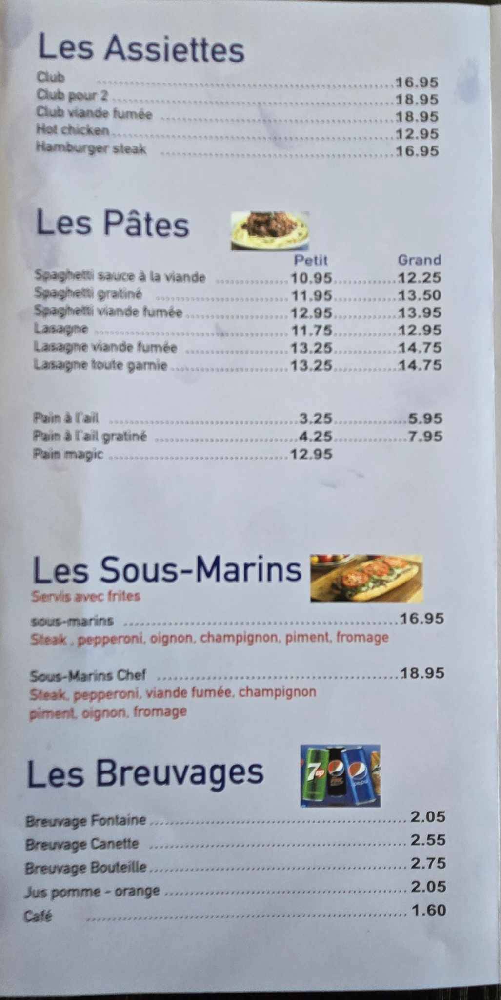 Menu au Belle Province Saint-Calixte restaurant, Canada, QC-335