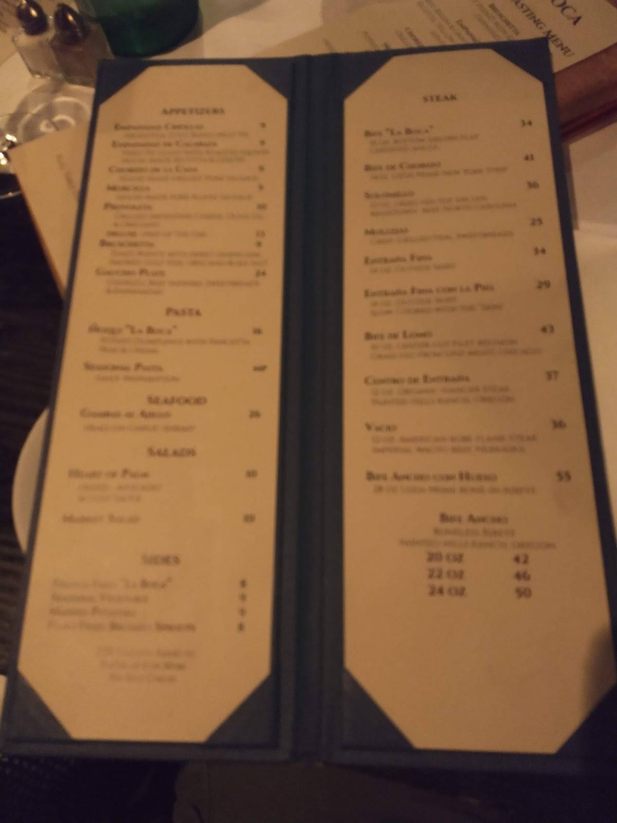 Menu at La Boca Steakhouse, New Orleans