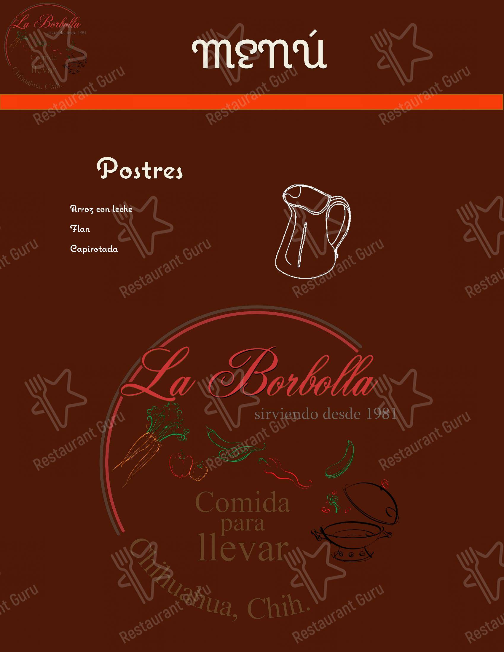 Carta del restaurante La Borbolla, Chihuahua