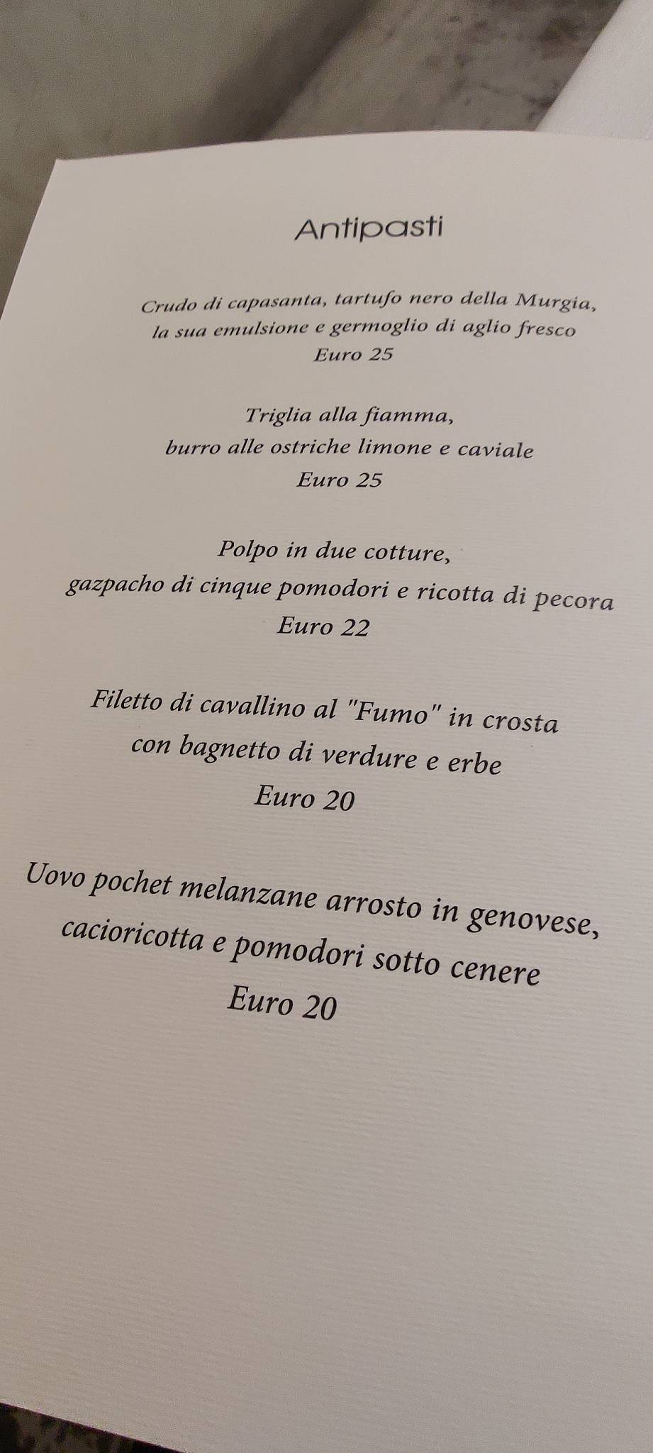 Menu at La Bul restaurant, Bari