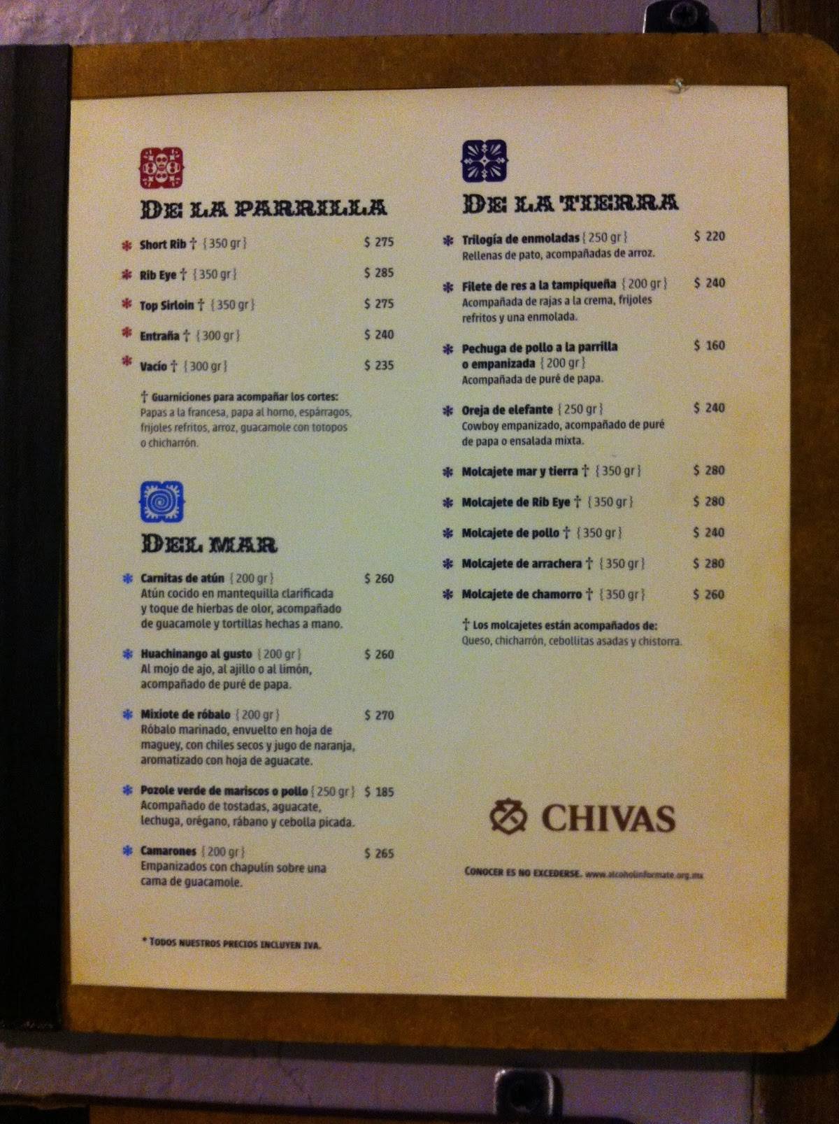 Carta del restaurante La Calaca, Ciudad del México, Centenario 2